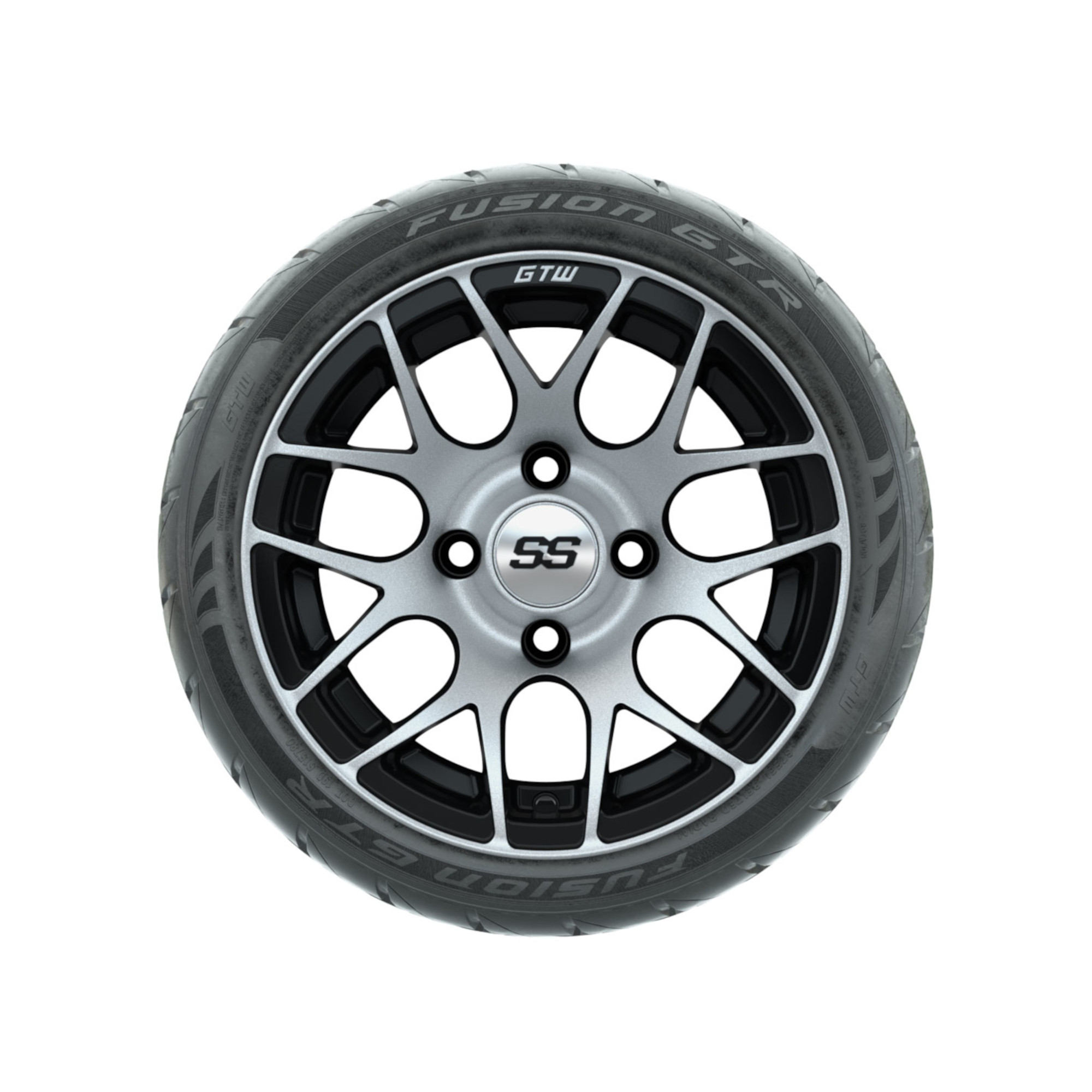 12 inch GTW Pursuit Black/Machined Wheels with Fusion GTR Street Tires